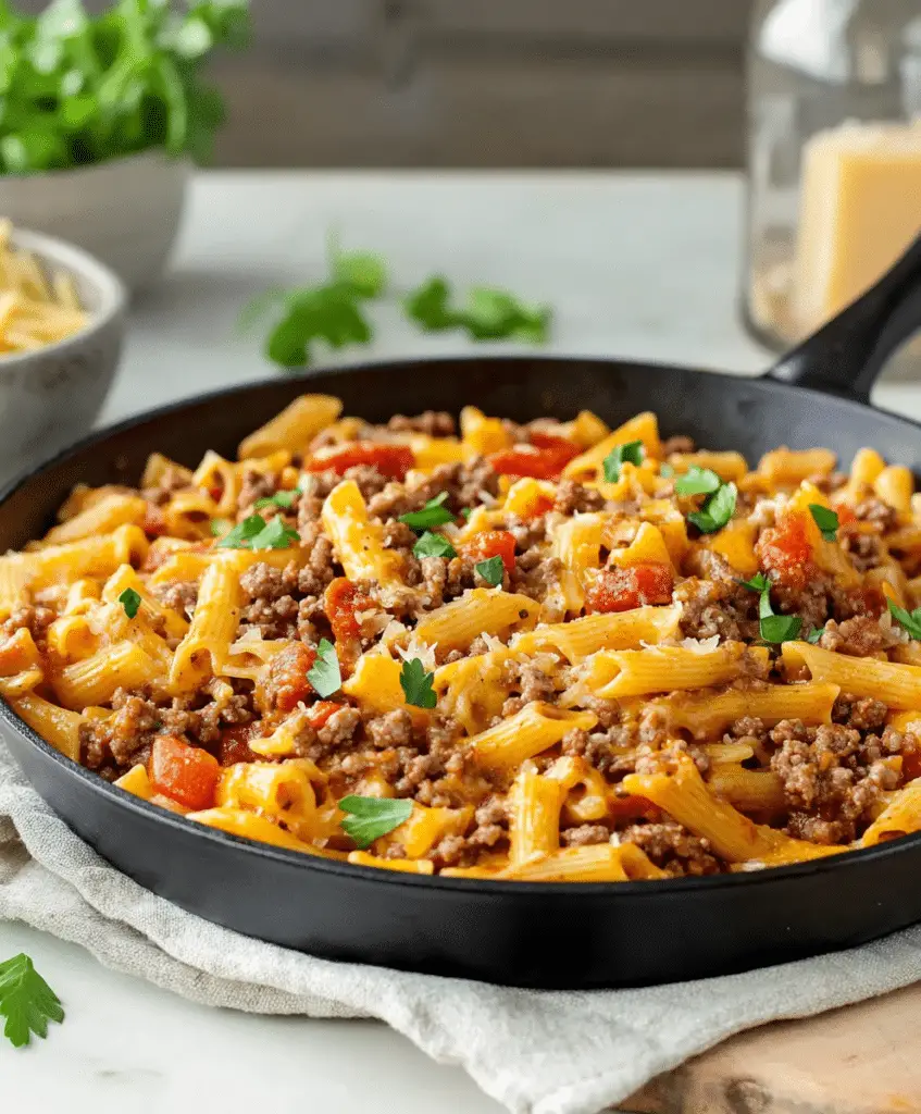 Cheesy Ground Beef Pasta Skillet Recipe - ymrecipes.com
